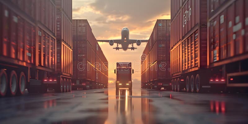 Container Truck and Cargo Plane in a Transportation Setting ...