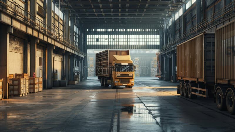 Container Truck Parked Loading Package Boxes at Dock Warehouse. Cargo ...
