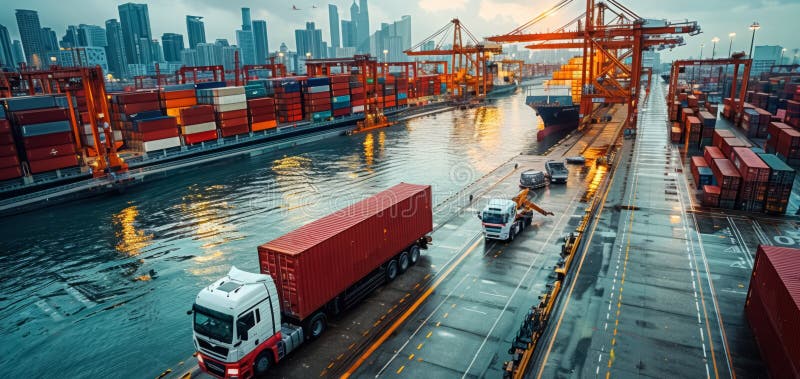 Container Truck in Ship Port and Cargo Plane with Working Crane Bridge ...