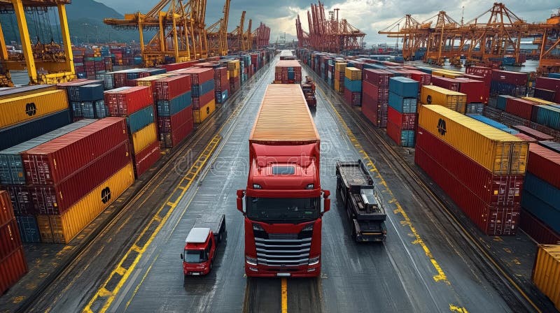 Container Truck in Ship Port and Cargo Plane with Working Crane Bridge ...