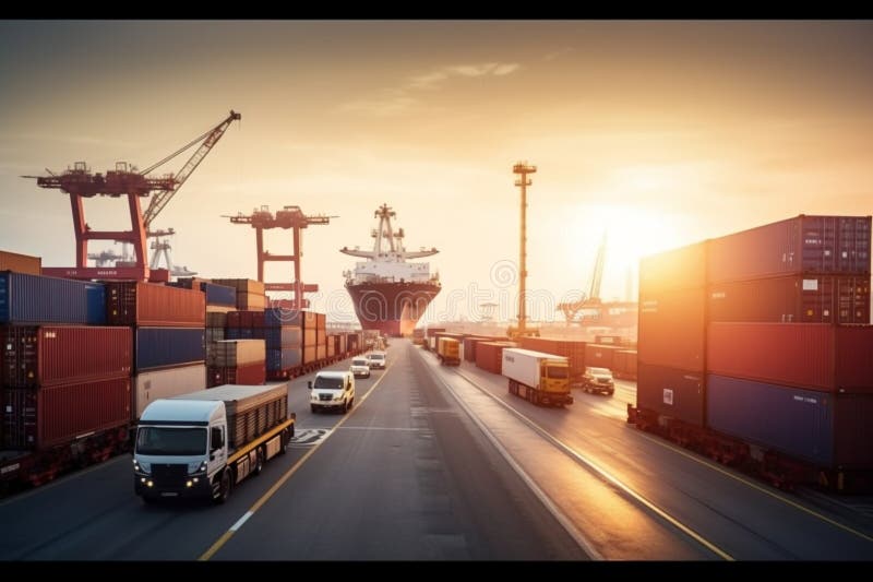 Container Trucks in Crowded Port. Cargo Unloading from Bulk Cargo Ships ...