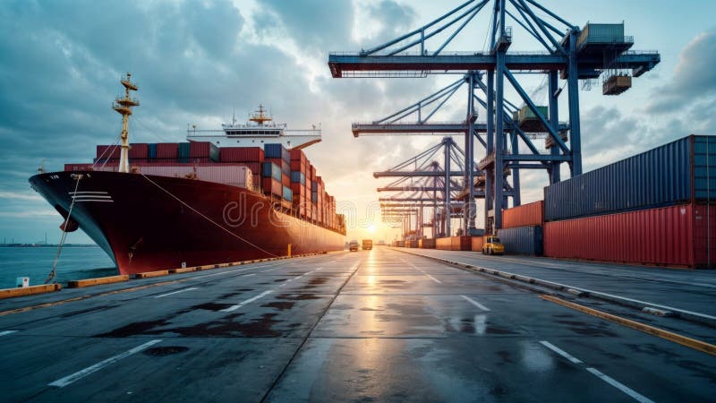 Harbor Scene with Cargo Ship Docked at a Pier and Cranes Loading Containers Stock Image - Image ...
