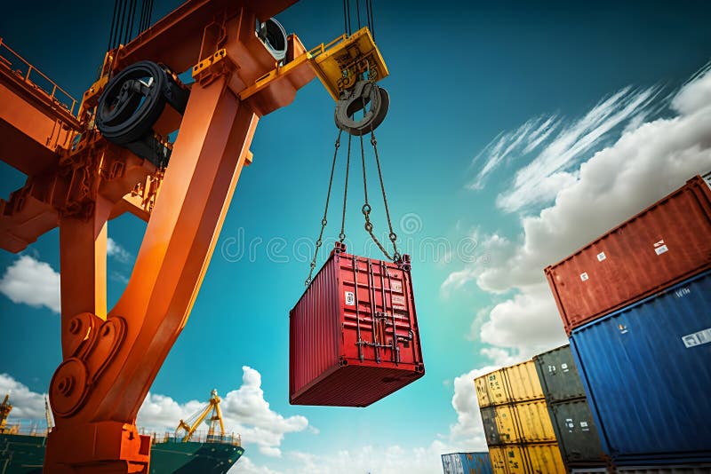The Container Vessel during Loading at an Industrial Port by Port Crane ...