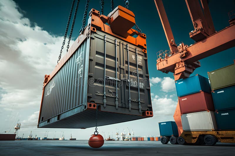 The Container Vessel during Loading at an Industrial Port by Port Crane ...