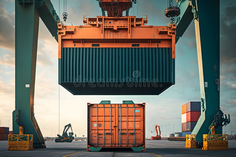 The Container Vessel during Loading at an Industrial Port by Port Crane ...