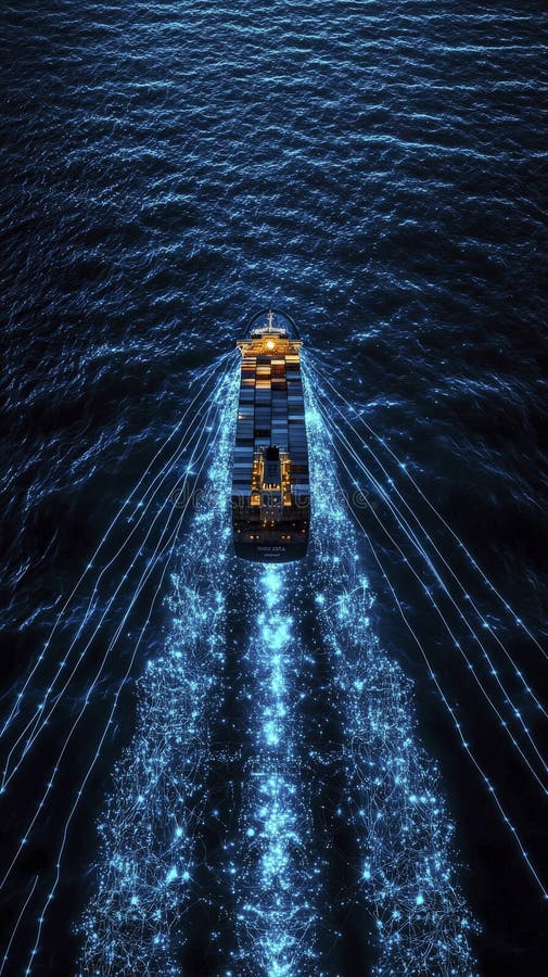 Container Vessel on Ocean with Digital Data Trails Stock Illustration ...