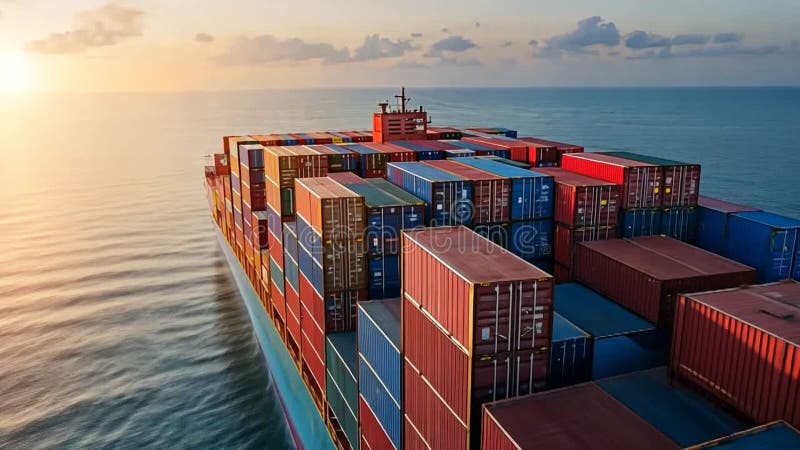 Container Vessel Sailing Over the Ocean during Golden Sunset Hour, Full ...