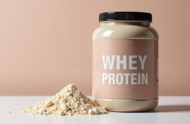 Container of Whey Protein with a Scoop beside it on a Clean Surface ...