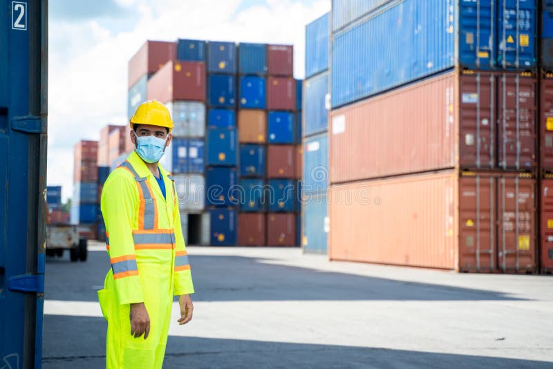 Container Worker Wearing Protective Mask To Protect Against Covid-19 ...