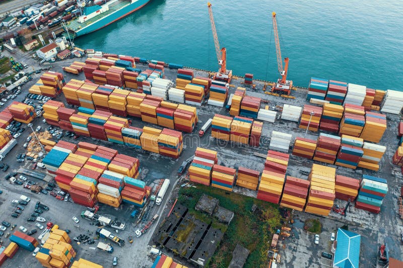 Container Yard in Cargo Logistic Port. Freight Transportation and ...