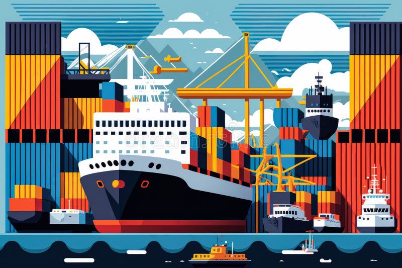Container Yard with a Cargo Ship in the Background Stock Illustration ...