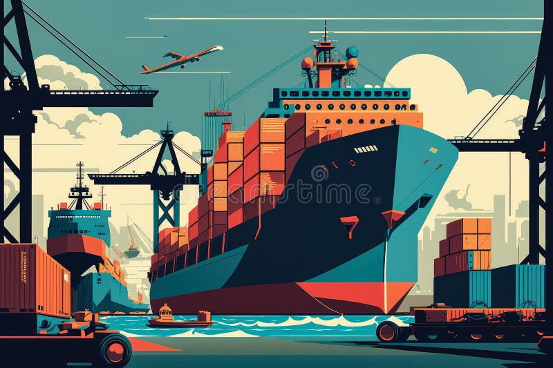 Container Yard with a Cargo Ship in the Background Stock Illustration ...
