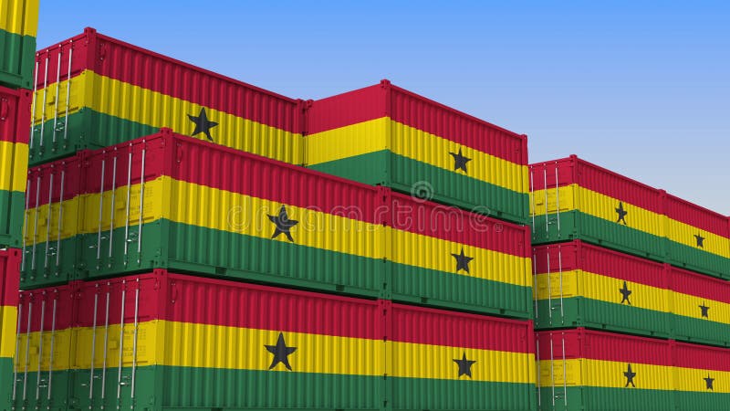 Container Yard Full of Containers with Flag of Ghana. Ghanaian Export ...