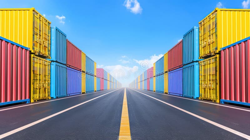 Container Yard with Rows of Stacked Shipping Containers on a Long Road ...