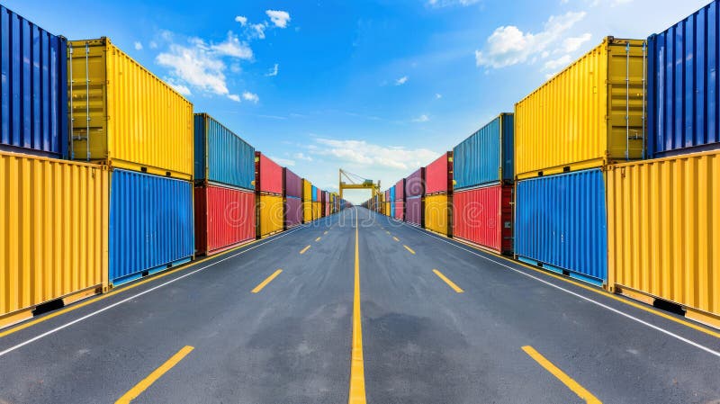 Container Yard with Rows of Stacked Shipping Containers on a Long Road ...