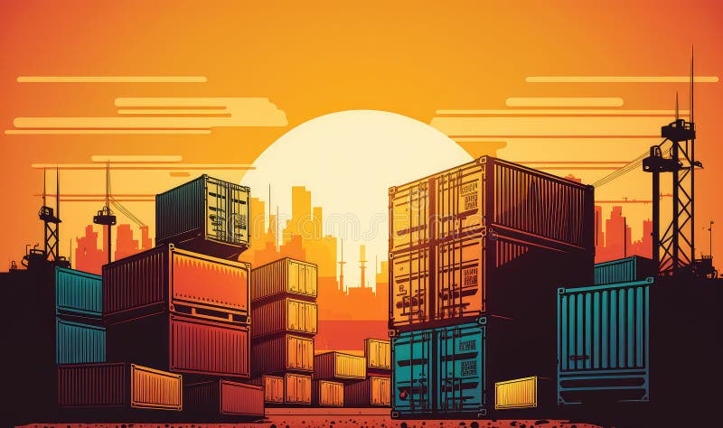 Container Yard at Sunset with Warm Lightning and Sun Particles Stock ...