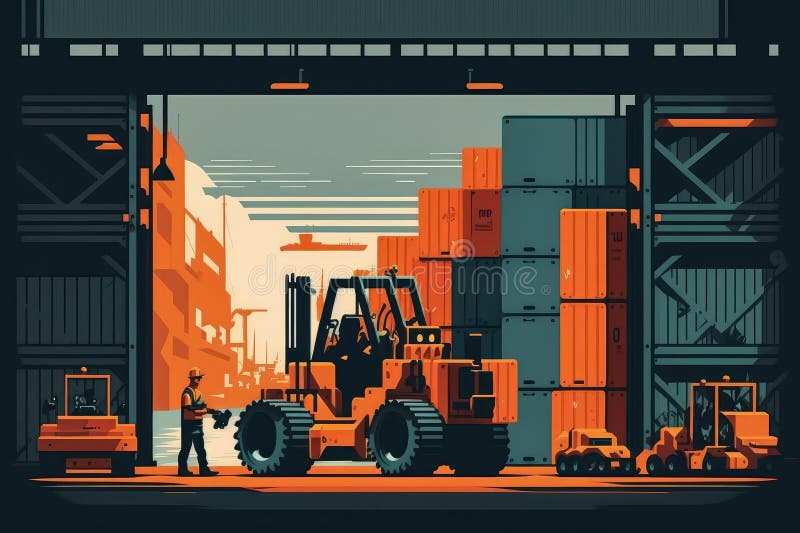 Container Yard with Workers and a Forklift Stock Illustration ...
