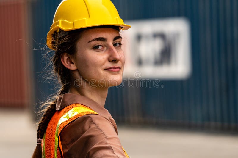 Caucasian Container Yard Workers Woman Smile while Working in Container ...