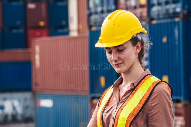 Caucasian Container Yard Workers Woman in Yellow Helmet Smiling while ...