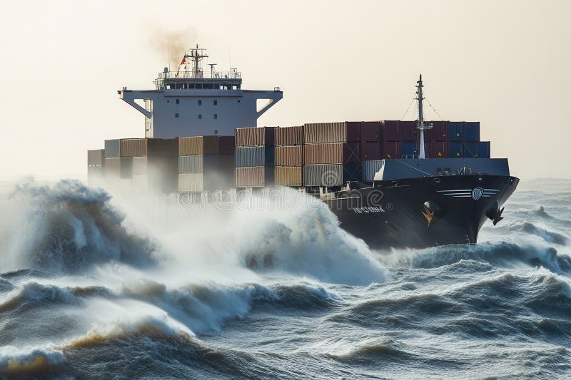 Containerized Cargo Ship Braves Towering Waves in Tumultuous Seas while ...