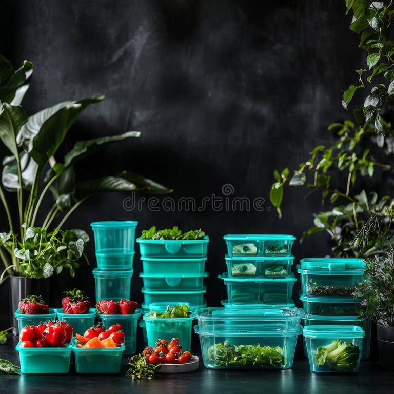 Containers with Assorted Food in Blue Plastic Stock Photo - Image of ...