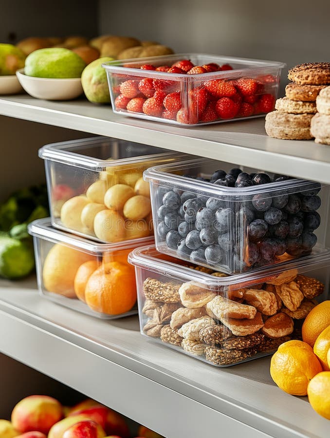 Containers of Assorted Fruits on Pantry Shelves. Stock Image - Image of ...