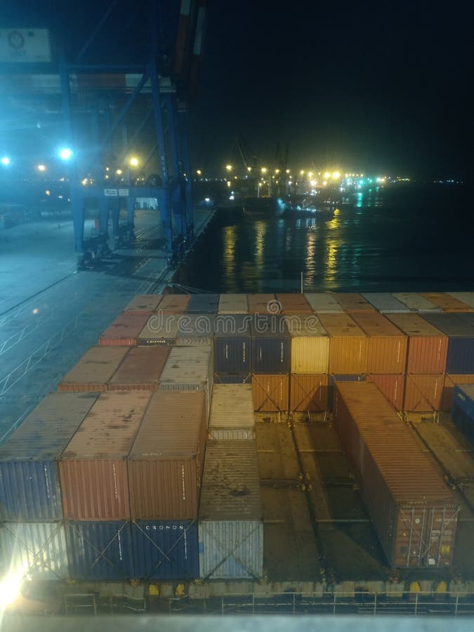 Containers Being Loading on the Container Ship during Night Stock Photo ...