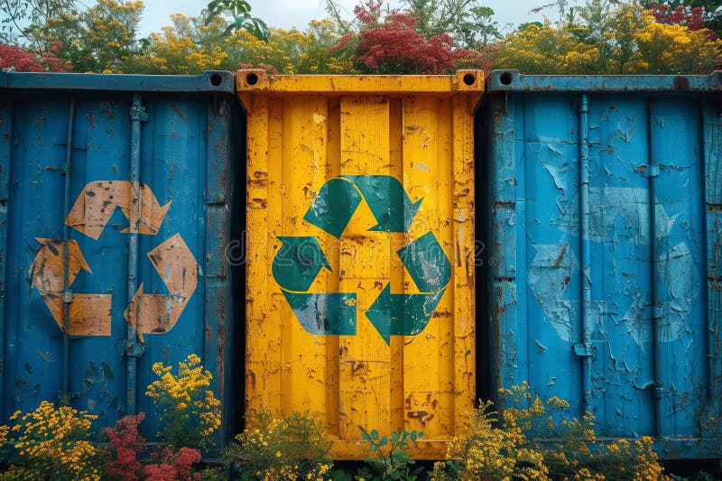 Containers are Blue and Yellow with a Recycle Sign on Them Stock ...