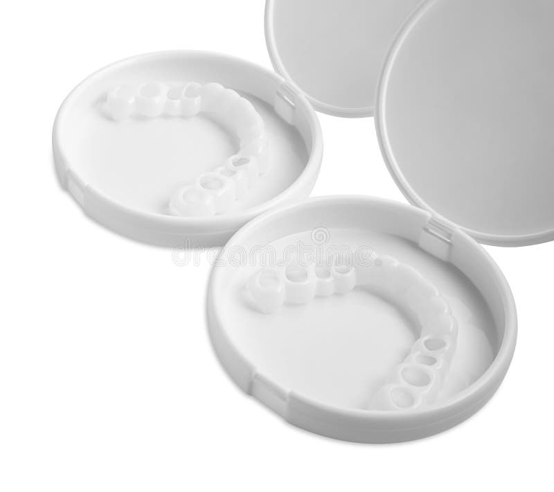 Containers with Dental Mouth Guards on White Background. Bite ...