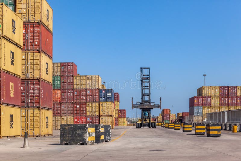 Shipping Containers Stack Depot Machine Fork Lifter Editorial Stock ...