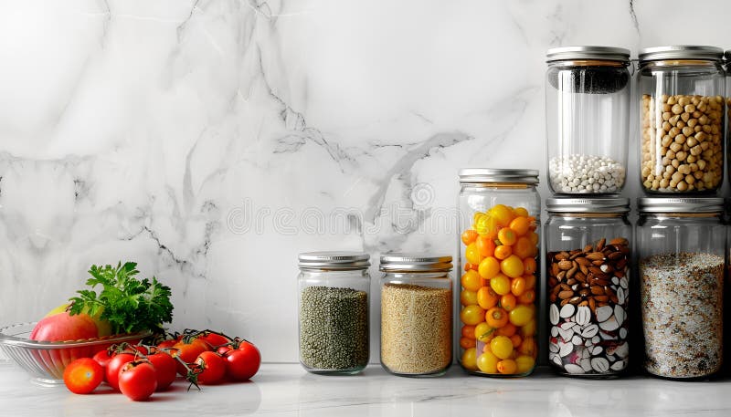 Containers with Different Fresh Products on White Marble Table, Space ...