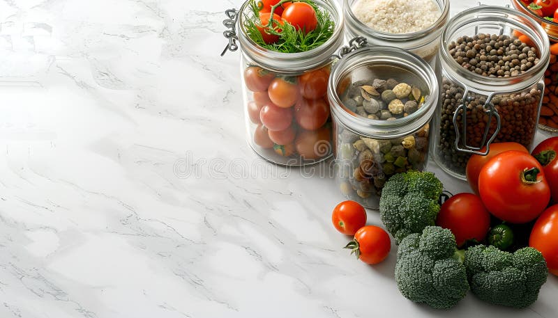 Containers with Different Fresh Products on White Marble Table, Space ...