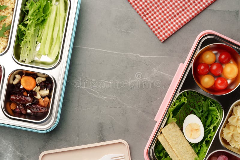 Containers with Healthy Food on Gray Background Top View. Stock Image ...
