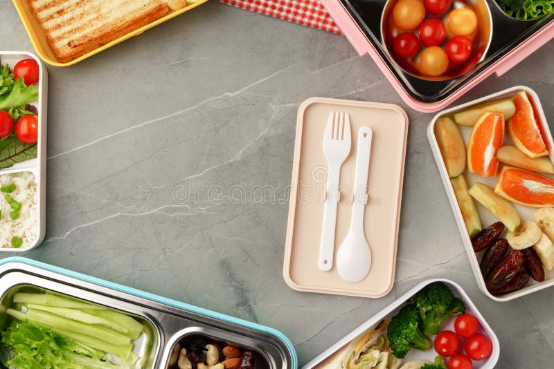 Containers with Healthy Food on Gray Background Top View. Stock Image ...