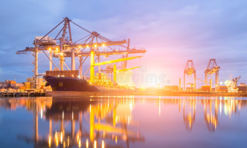 Containers Loading by Crane at Dark Sunset Stock Image - Image of ...