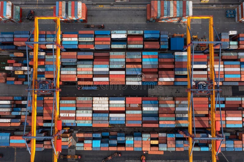 Containers Loading and Unloading at the Seaport. Top View of the ...