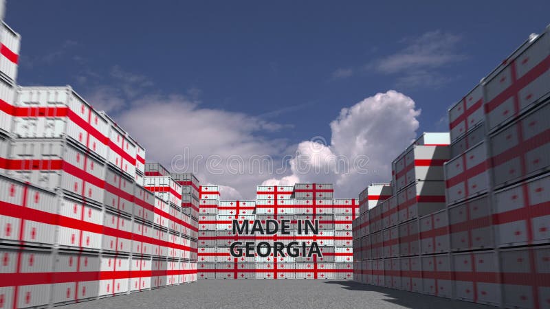 Containers with MADE in GEORGIA Text and National Flags. Georgian ...
