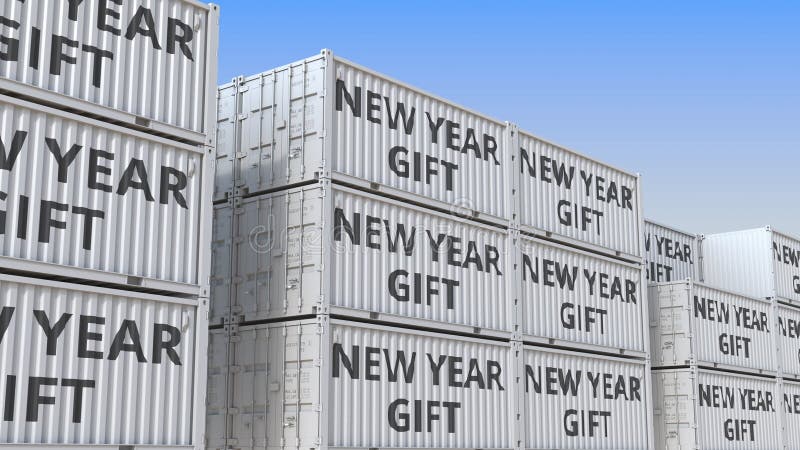 Containers with NEW YEAR GIFT Text. 3D Rendering Stock Illustration ...