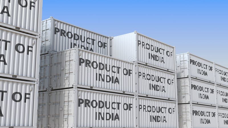 Containers with Product of India Text in a Container Terminal, Loopable ...