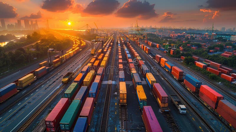 Containers on Railway Tracks at Sunset. Generative AI Stock ...