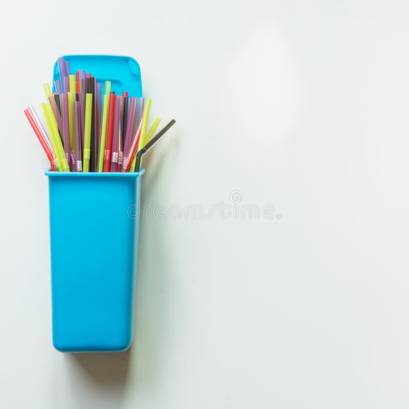 Containers for Separate Collection Garbage with Plastic Straw. Top View ...