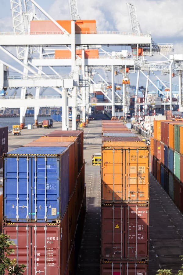 Row of Cargo Containers Stacked at Harbor Stock Image - Image of ...