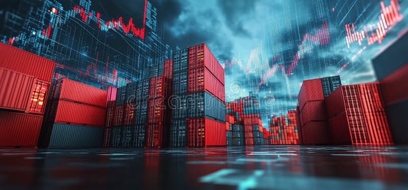 Containers are Stacked High in a Modern Port Setting, Glowing with ...