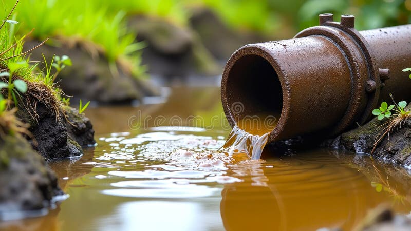 Iron Pipe from Which Flows Dirty Brown Water into a Reservoir in Nature ...
