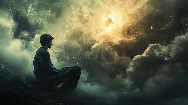Contemplative Boy Amidst a Starry Night Sky Stock Illustration ...