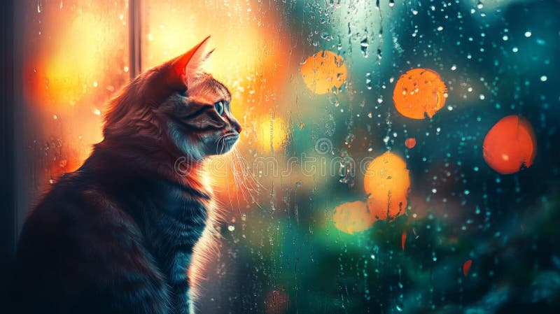 Contemplative Cat Gazing through Rainy Window at Night Lights Stock ...