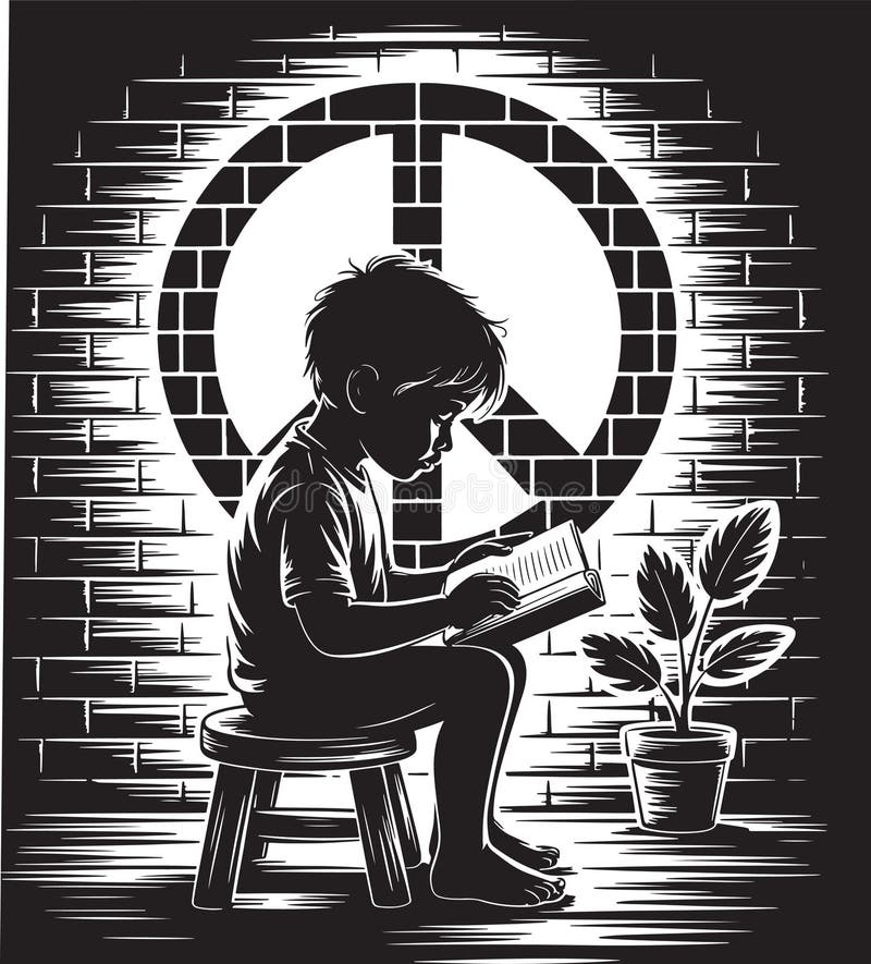 Contemplative Child Reading by Peace Symbol on Brick Wall Promoting ...
