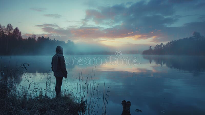 Contemplative Figure by Lakeside at Dawn, Evoking Tranquility and ...