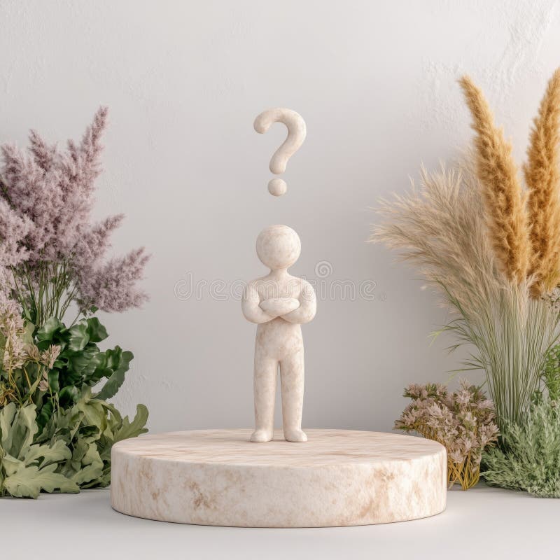 Contemplative Figure with Question Mark Amidst Nature-inspired Decor ...
