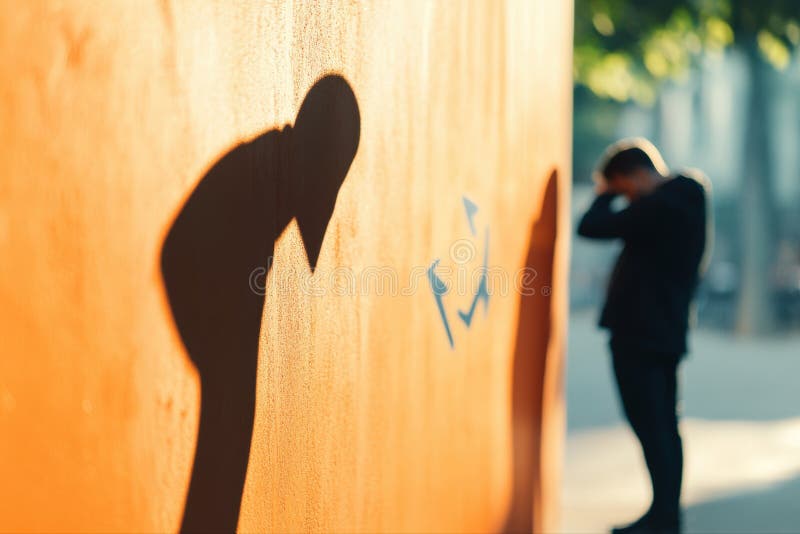 Shadow Play on Orange Wall with Figure in Deep Contemplation Outdoors ...